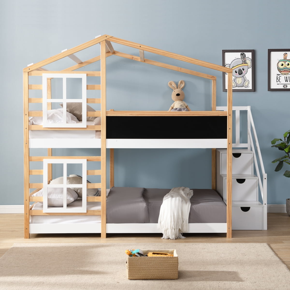 [Luckynote]Full over Full Bunk Bed House Bed With Roof Windows ...