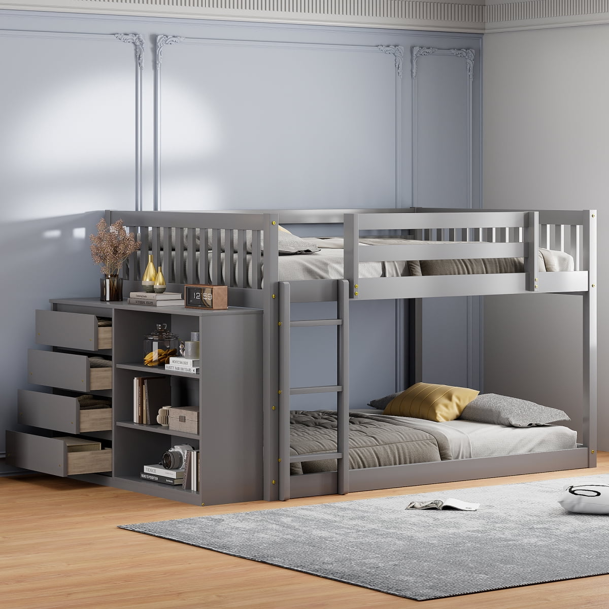 [Luckynote]Full over Full Bunk Bed with 4 Drawers and 3 Shelves-Gray ...