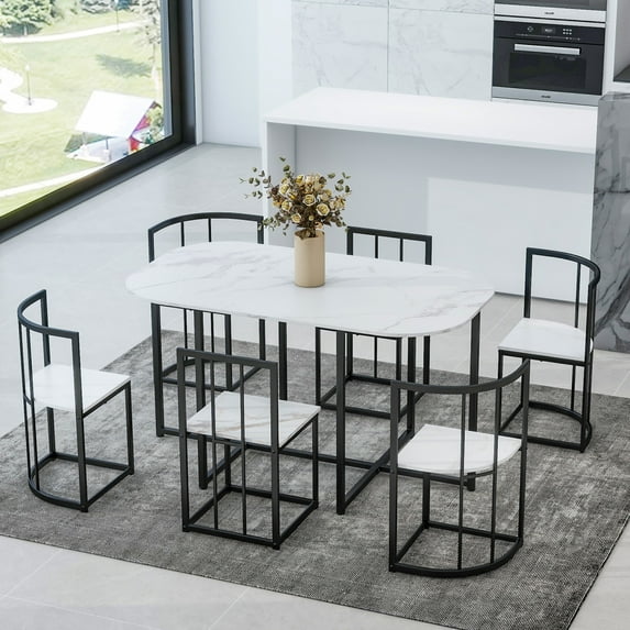 Luckynote Modern 7-Piece Dining Table Set with Faux Marble Compact ...