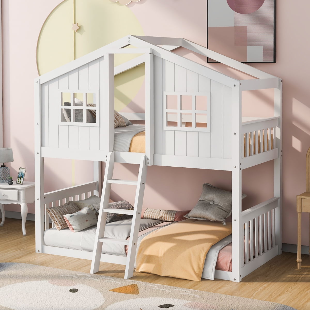 [Luckynote]Twin Over Twin House Bunk Bed With Ladder, Wood Bed-White ...