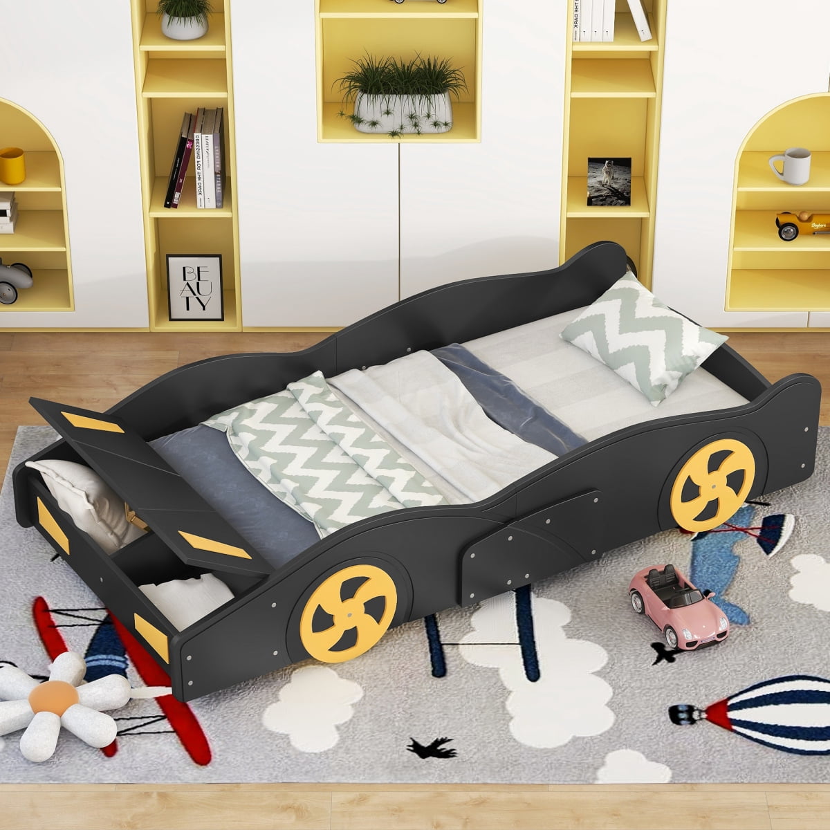 Luckynote Twin Race Car Bed, Wood Platform with Wheels and Storage, for ...