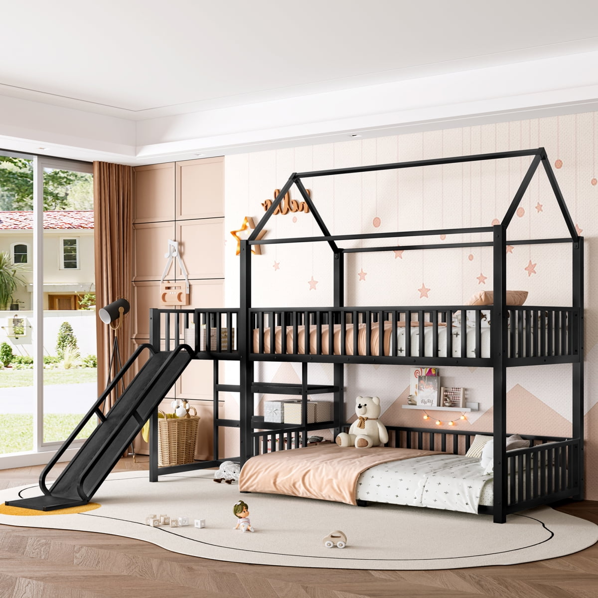 [Luckynote]Twin metal House Bunk Bed with Storage Stairs, Slide, Safety ...