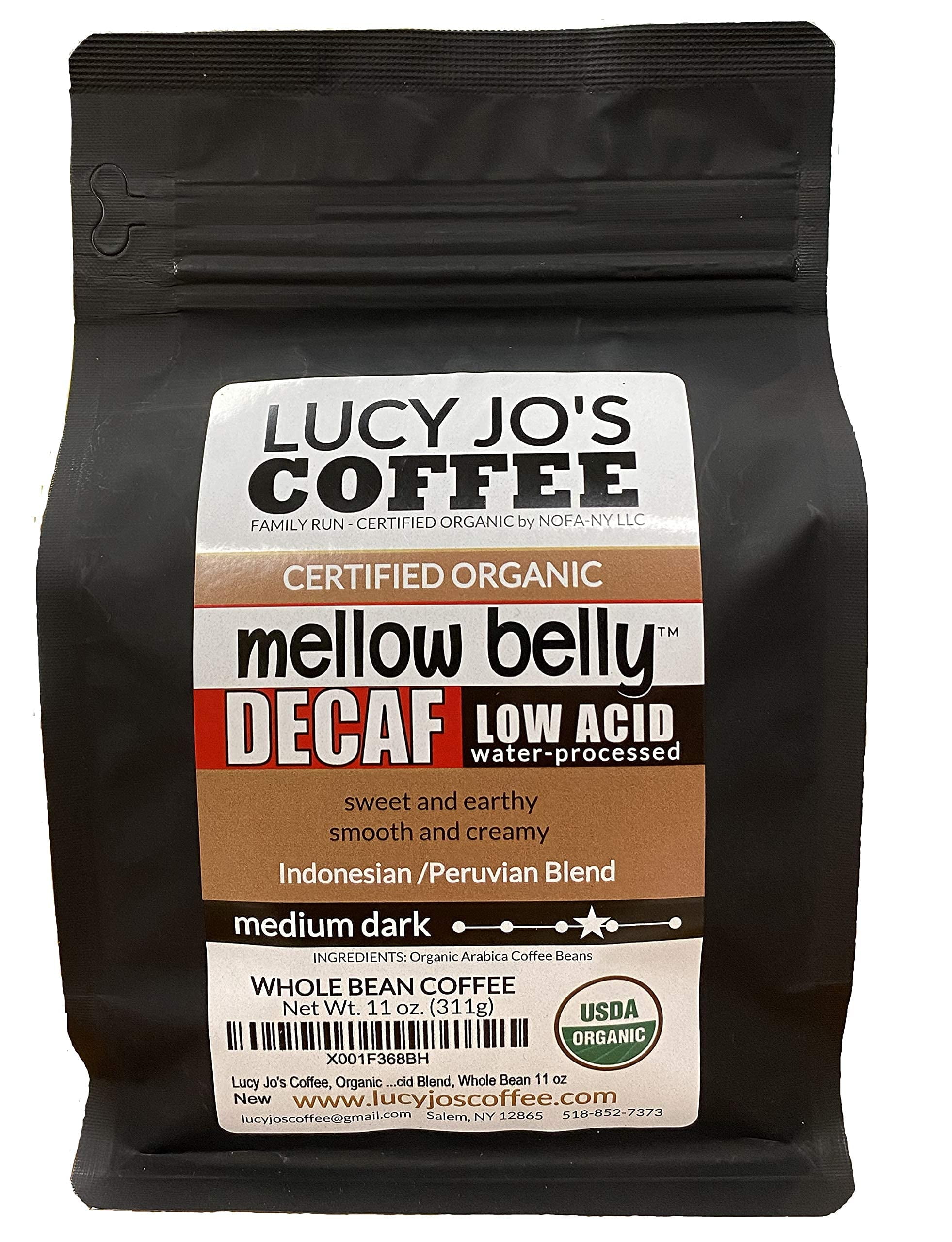 Lucy Jo's Coffee TWE5 Roastery, Organic Decaf Mellow Belly Low Acid Blend, Medium Dark Roast, 11 ...