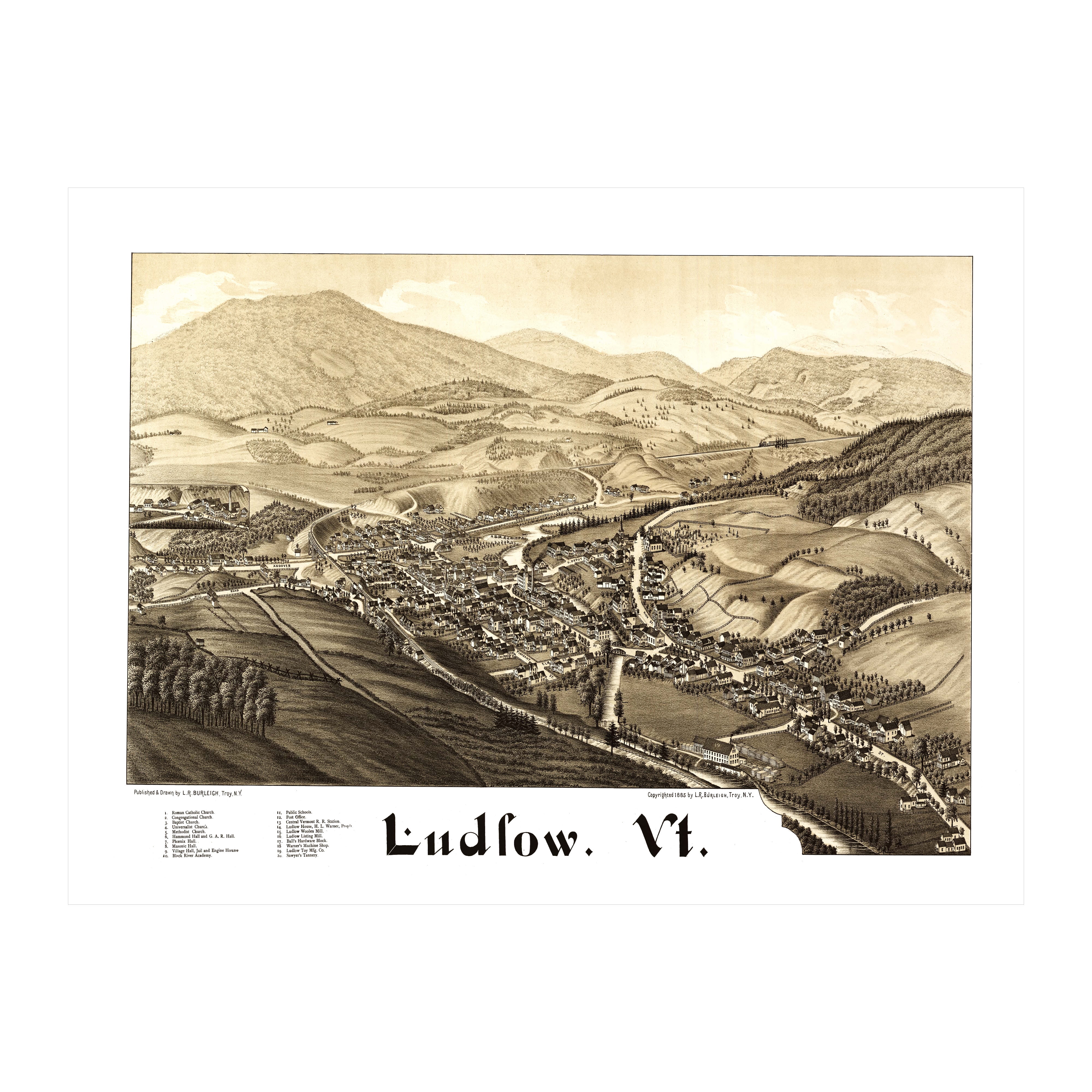 Ludlow Art, 1885 Vintage Map of Ludlow Vermont, VT History Wall Decor ...