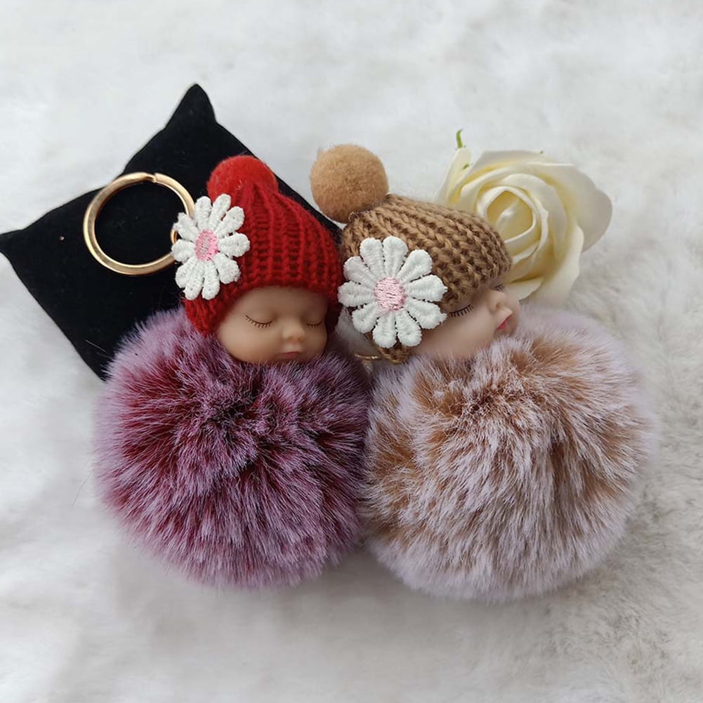 Ludlz 1Pc Plush Pompom Sleeping Baby Doll Key Chain Key Ring Holder Bag ...