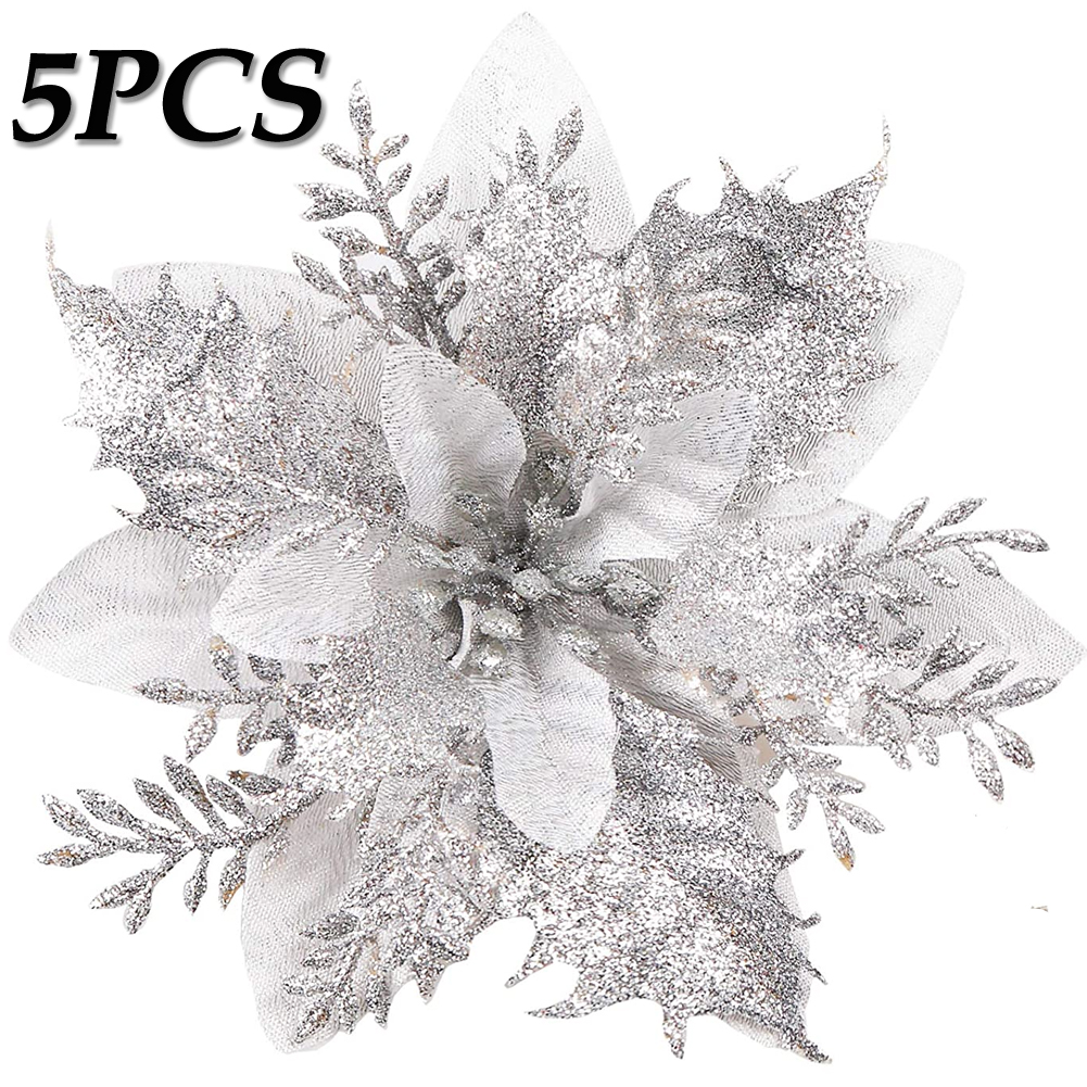 Ludlz 5PCS Artificial Gold Red Poinsettia Flowers Decorations Glitter ...