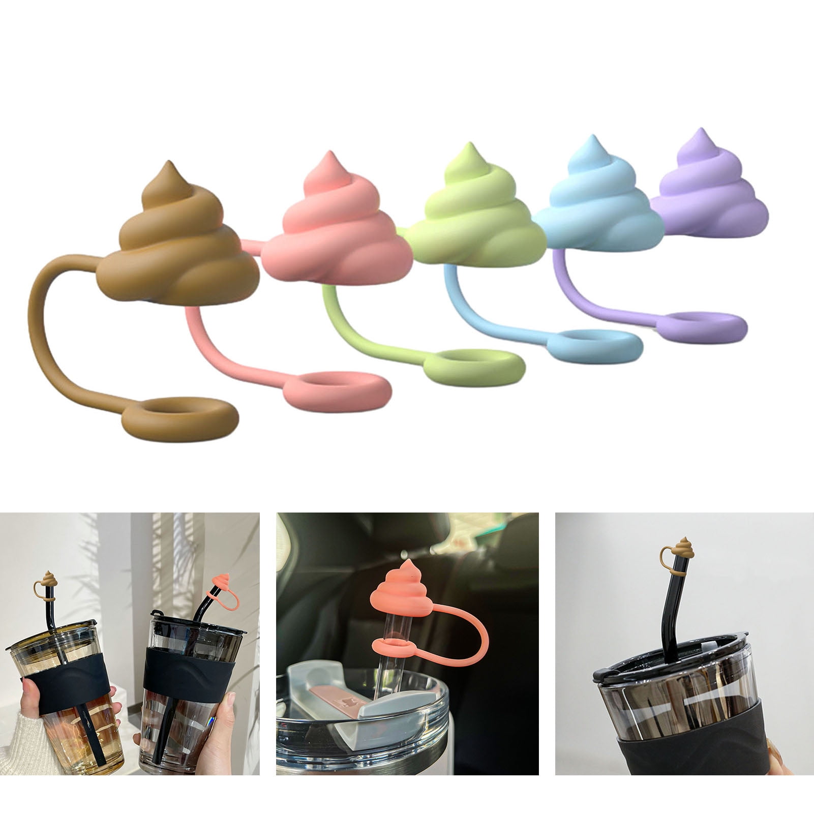 Ludlz 5Pcs Straw Cover Leak-proof Silicone Straw Lid Creative Poop ...
