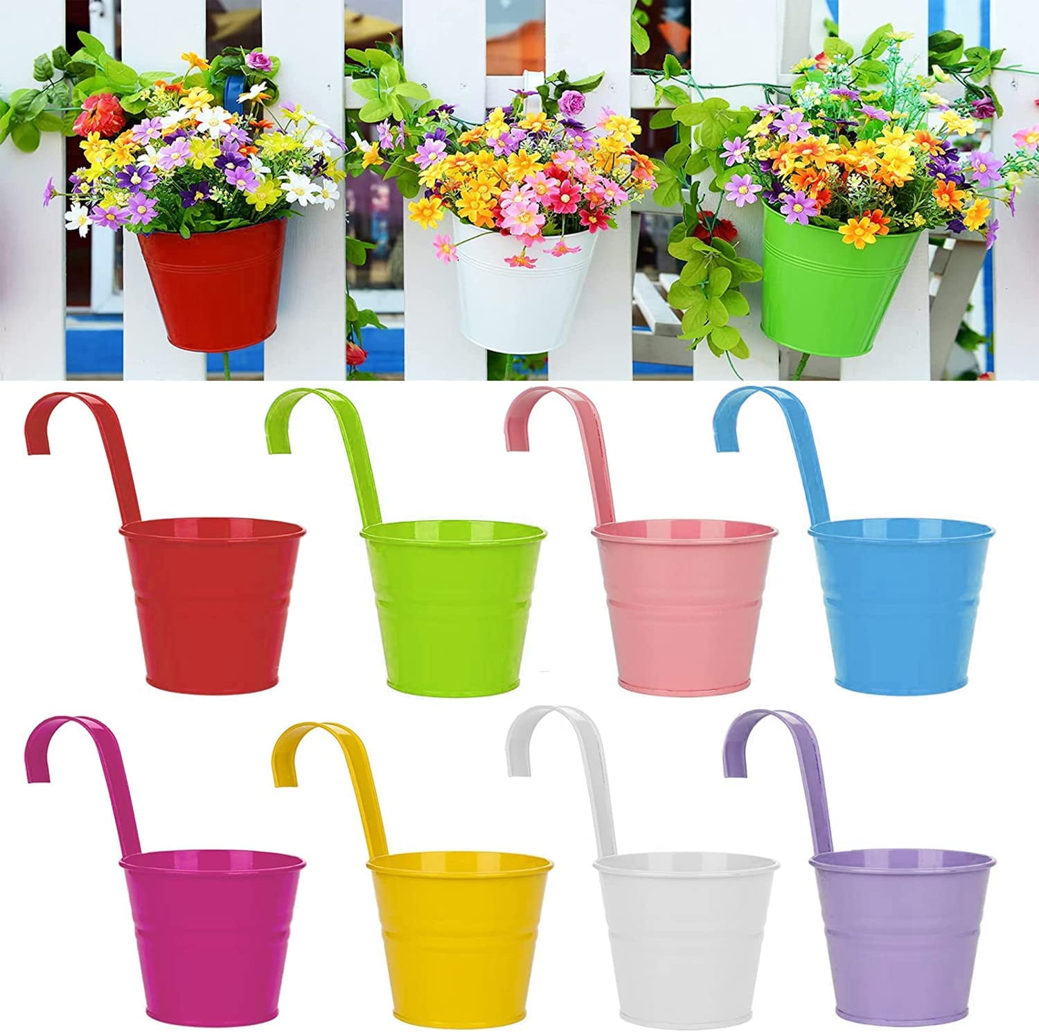 Ludlz 7 Inch Large Metal Iron Hanging Flower Pots, Fence Hanging ...