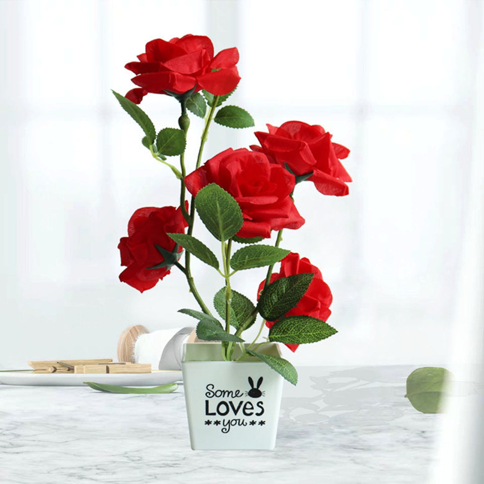 Ludlz Artificial Silk Rose in Ceramic Vase, Faux Flower Arrangement for ...
