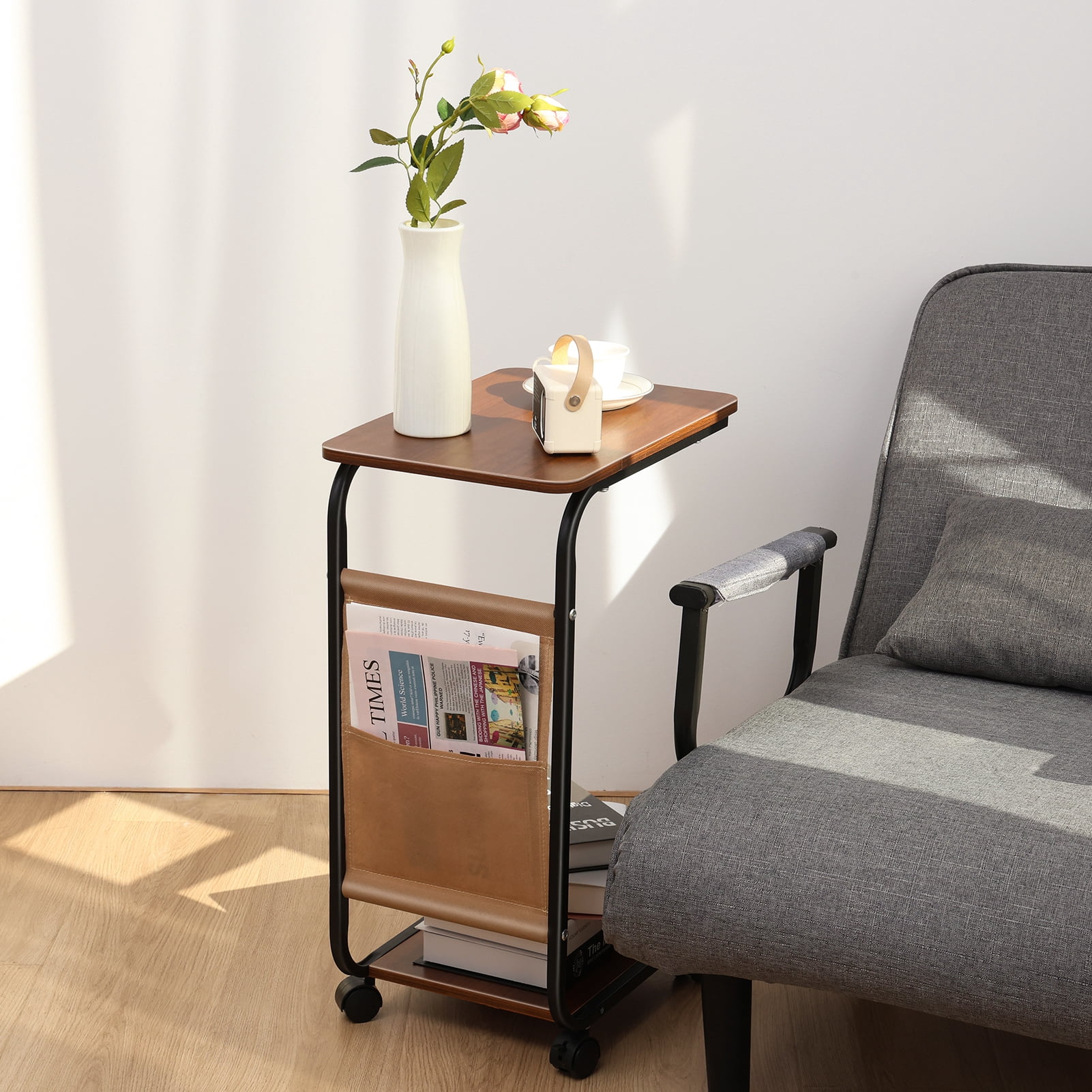 Ludlz Brown Bedside Table - Compact C-Shape Design with 2-Tier Shelves ...