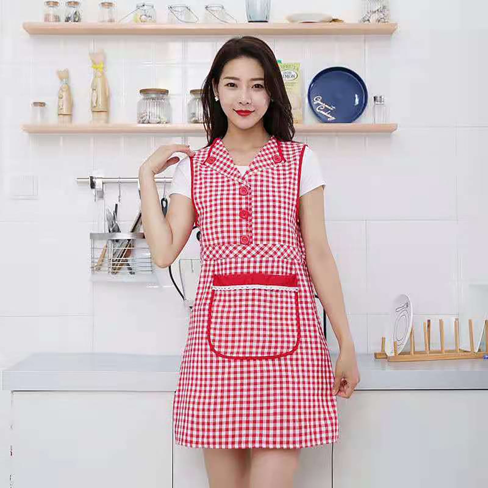 Ludlz Cooking Apron Tie Back Design Plaid Large Pocket Lapel 5 Buckles ...