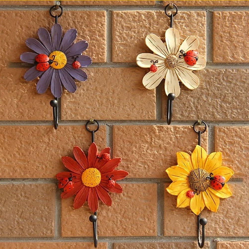 Ludlz Creative Household Ladybug Flower Resin Wall Hooks Wall Mounted ...