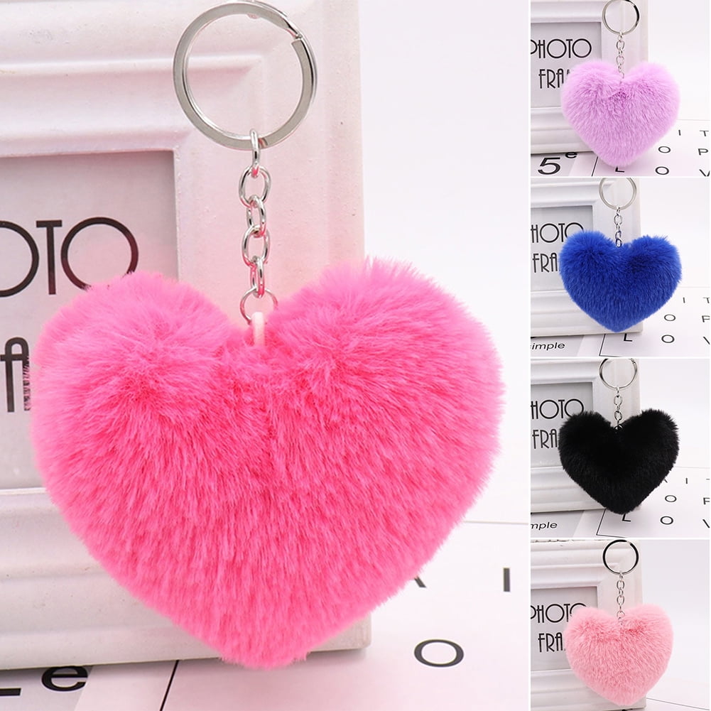 Ludlz Fluffy Love Heart Keychain Key Ring Pendant Handbag Bag Faux Fur ...