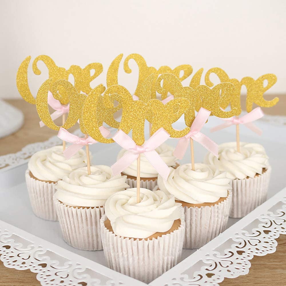 Ludlz Glitter Gold One Cupcake Topper Pink Bow 1st Birthday Anniversary ...
