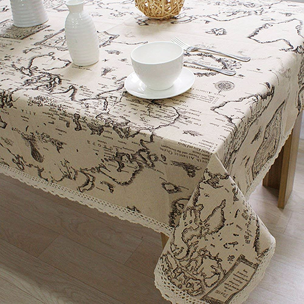 Ludlz Retro Voyage Map Pattern Lace Cotton Linen Fabric Tablecloth ...