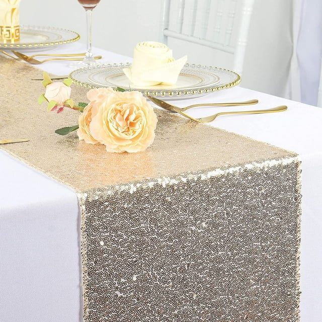 Ludlz Rose Gold Sequin Table Runner 12"x108" Glitter Sequin Fabric Table Linens Runner Sparkly ...