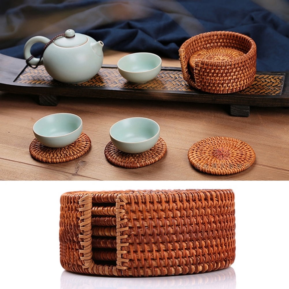 Ludlz Round Woven Rattan Coasters Cup Mat Insulation Dining Table Mug ...