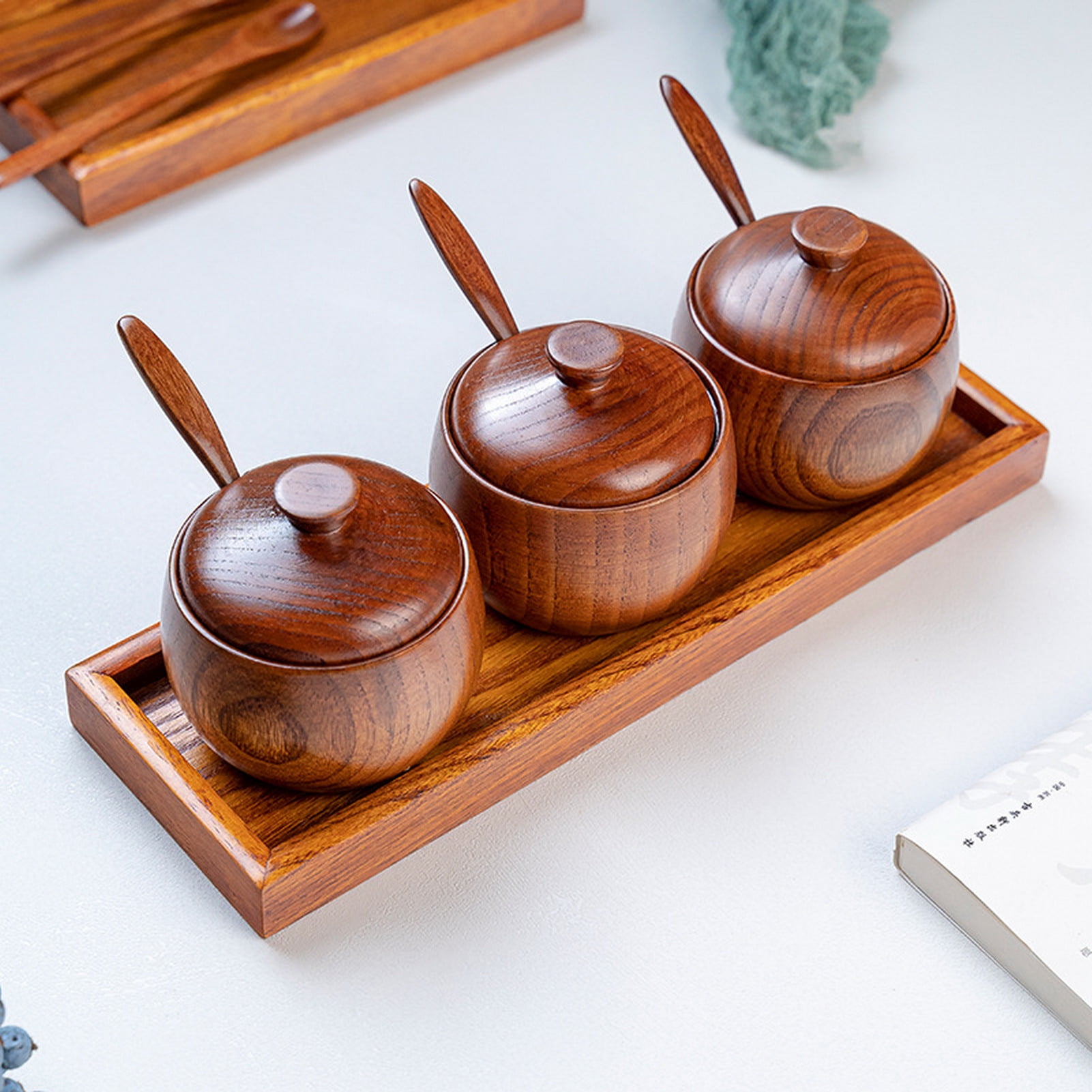 Ludlz Spice Jar with Spoon Lid Vintage Dust-proof Wooden Salt Cellar ...