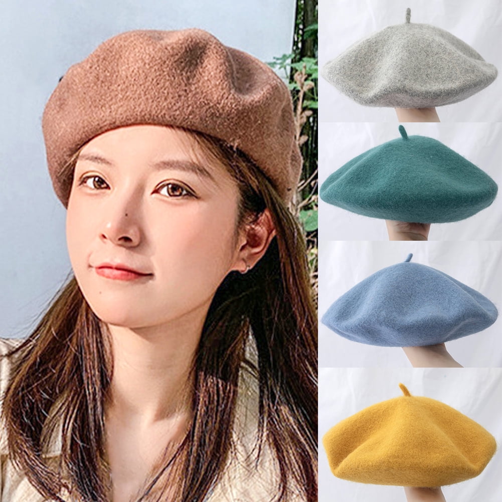 Ludlz Vintage Womens Solid Color Beret Wool French Beanie Cap Hat ...