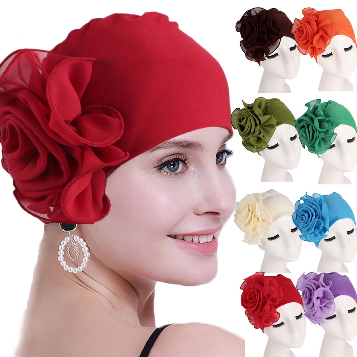 Ludlz Women Big Flower Stretchy Beanie Turban Bonnet Chemo Cap for ...