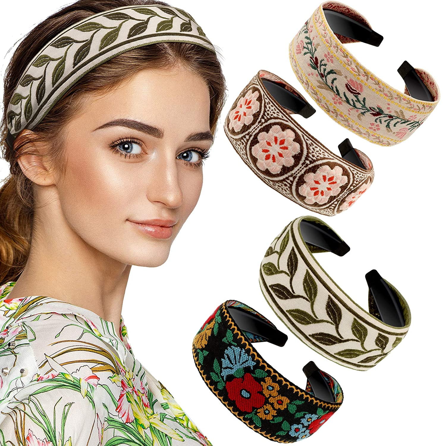 Ludlz Women Boho Headband Embroidery Bohemia Floral Wide Headbands ...