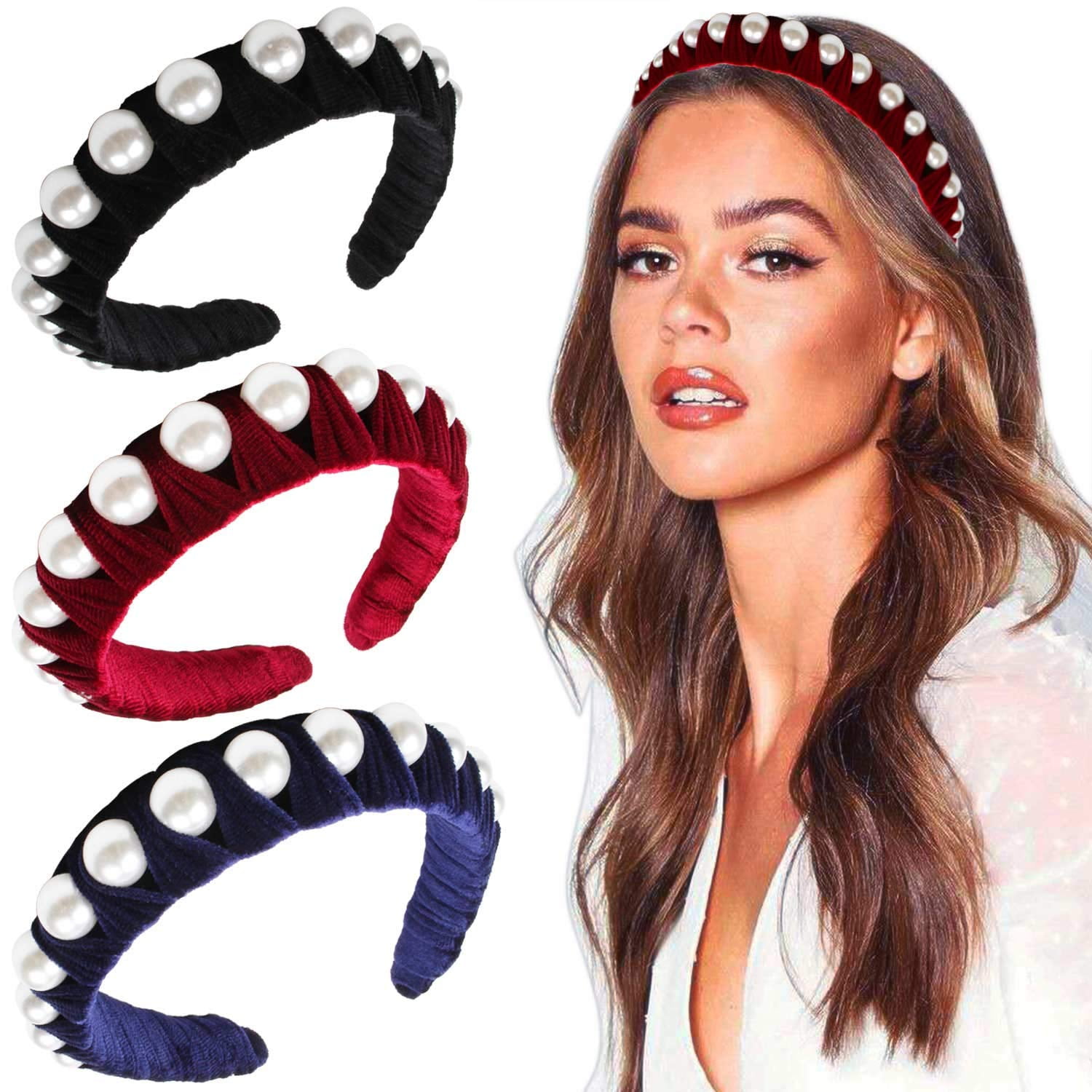 Ludlz Women Headbands Velvet Wide Pearl Headbands Vintage Head Wrap