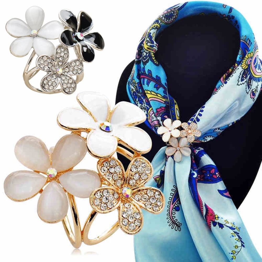 Ludlz Women Shiny Rhinestone Inlaid Flower Scarf Ring Clip Holder ...