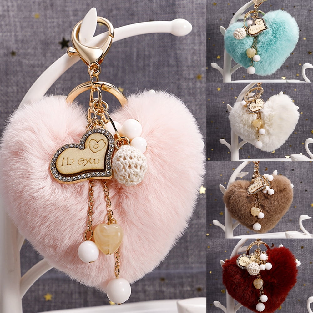 Ludlz Women's Heart Furry Pom Pom Key Chains Bag Accessory Puffball ...