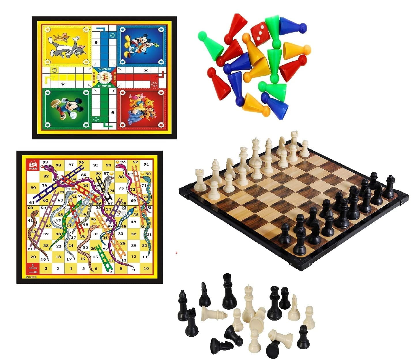 Ludo Board Snakes & Chess Board Combo With Ludo Coins, Chessmen Coins ...