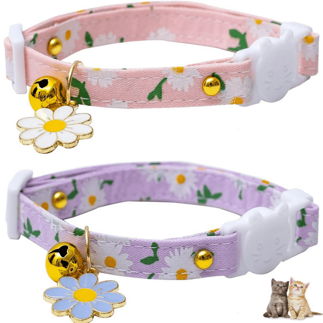 Ludolm 2 Pack Cotton Breakaway Cat Collars with Bell Flower Pendant Kitty Kitten Collars Pink ...