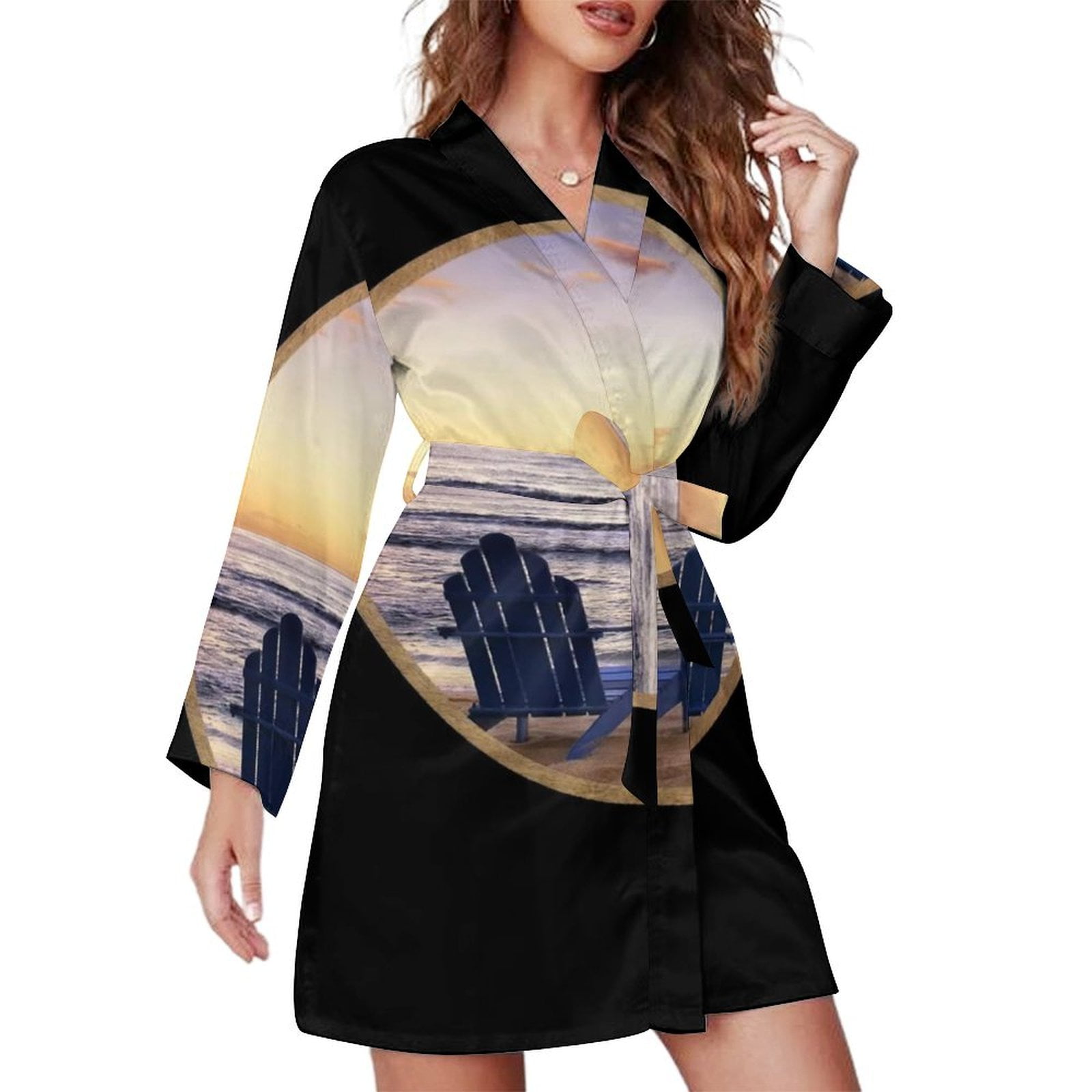 Lue Beach Chairs Night Robe Long Sleeve V Neck Robe With Belt Women's ...