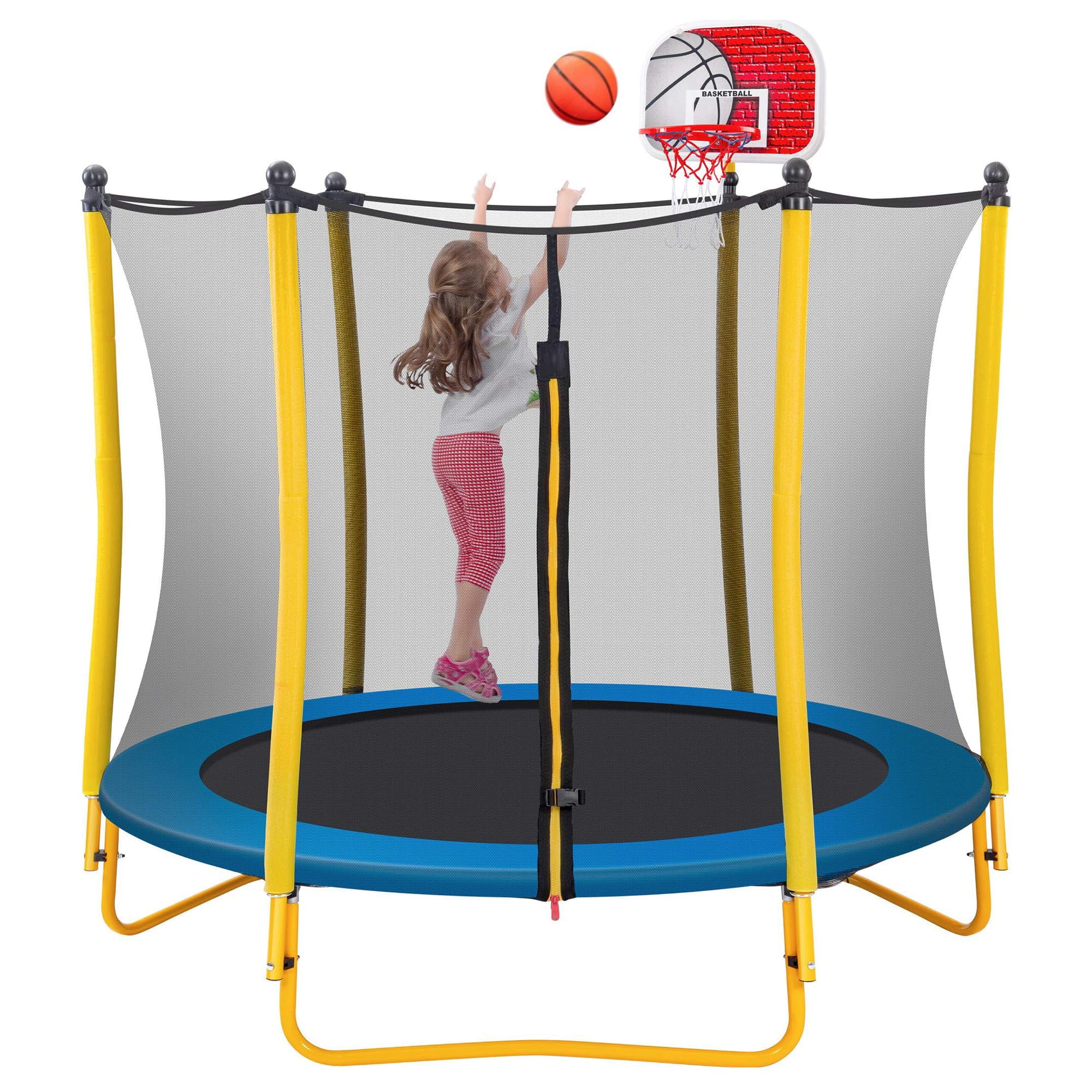 Leuco 66" Kids Trampoline with Basketball Hoop, Rubber Ball, and Safety ...