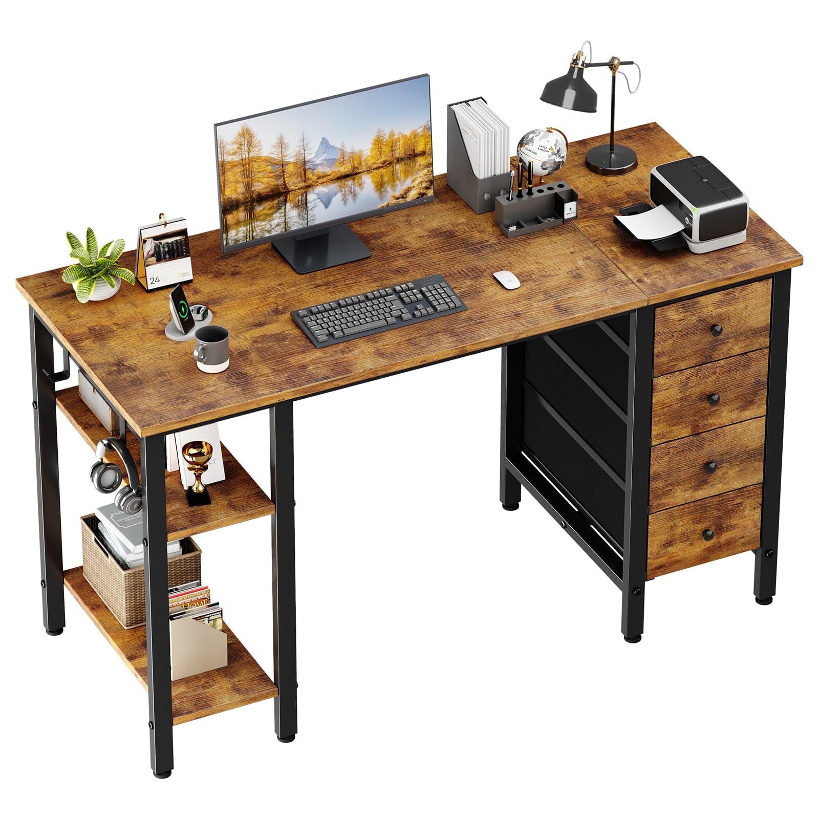Lufeiya 47 inch Desk with 4 Drawers & Storage Shelves, Writing Work ...