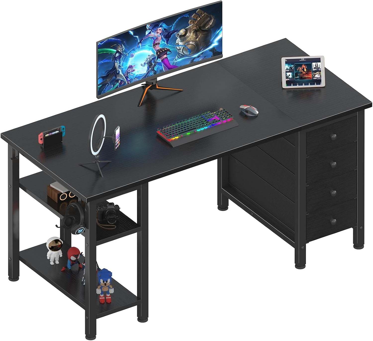 Lufeiya Gaming Desk with 4 Fabric Drawers & Storage Shelves, 47 inch ...