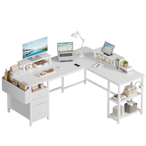Lufeiya Large L Shaped Computer Desk with Fabric File Drawers Cabinet ...
