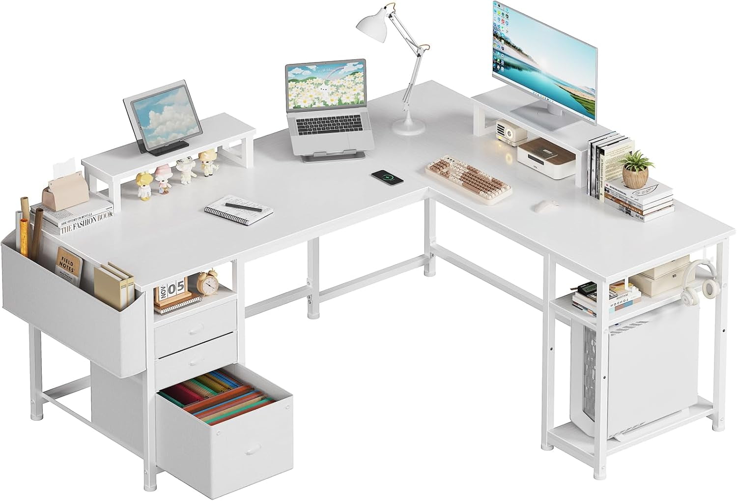 Lufeiya Large L Shaped Computer Desk with Fabric File Drawers Cabinet ...