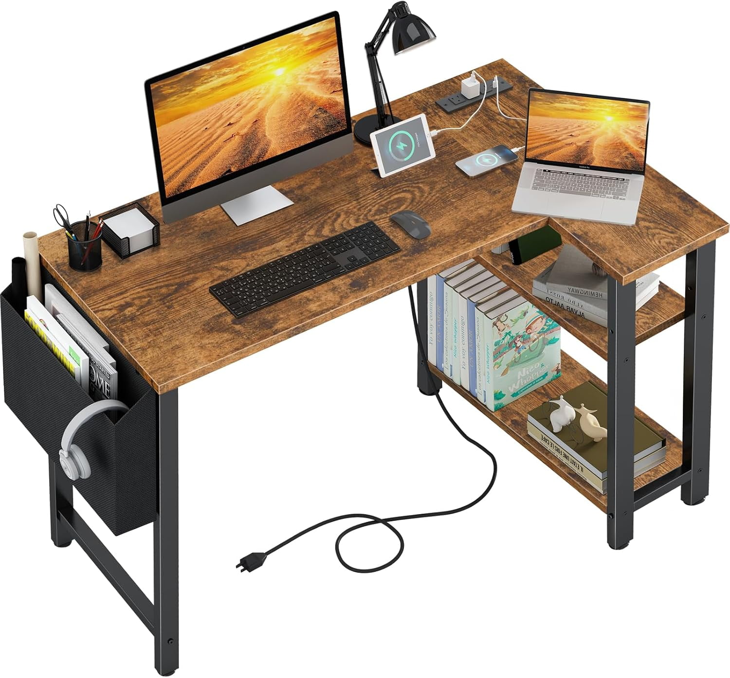 Lufeiya Small L Shaped Desk with Power Outlet Shelves, 40 Inch ...