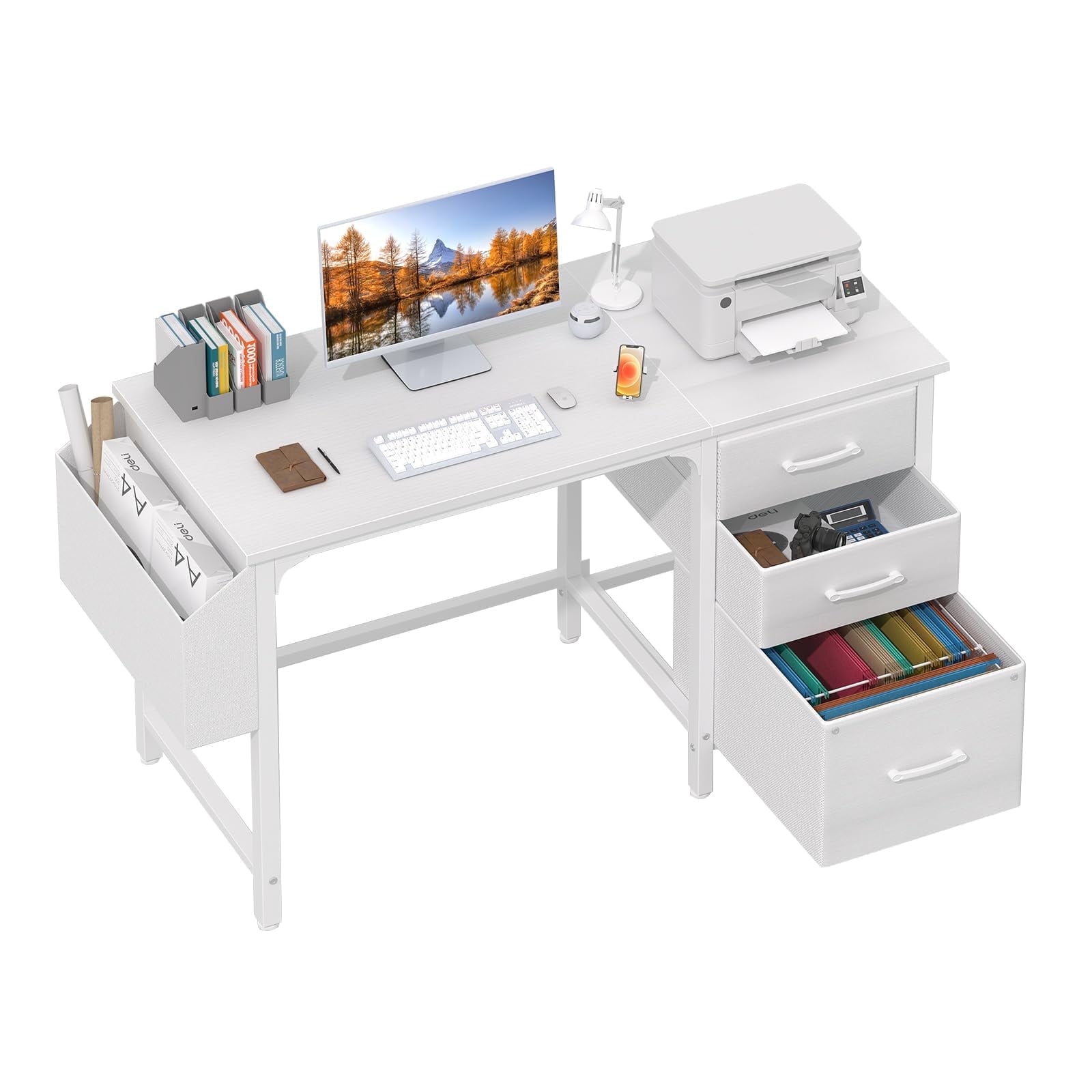 Lufeiya White Computer Desk with Fabric File Drawers Cabinet, 47 Inch ...