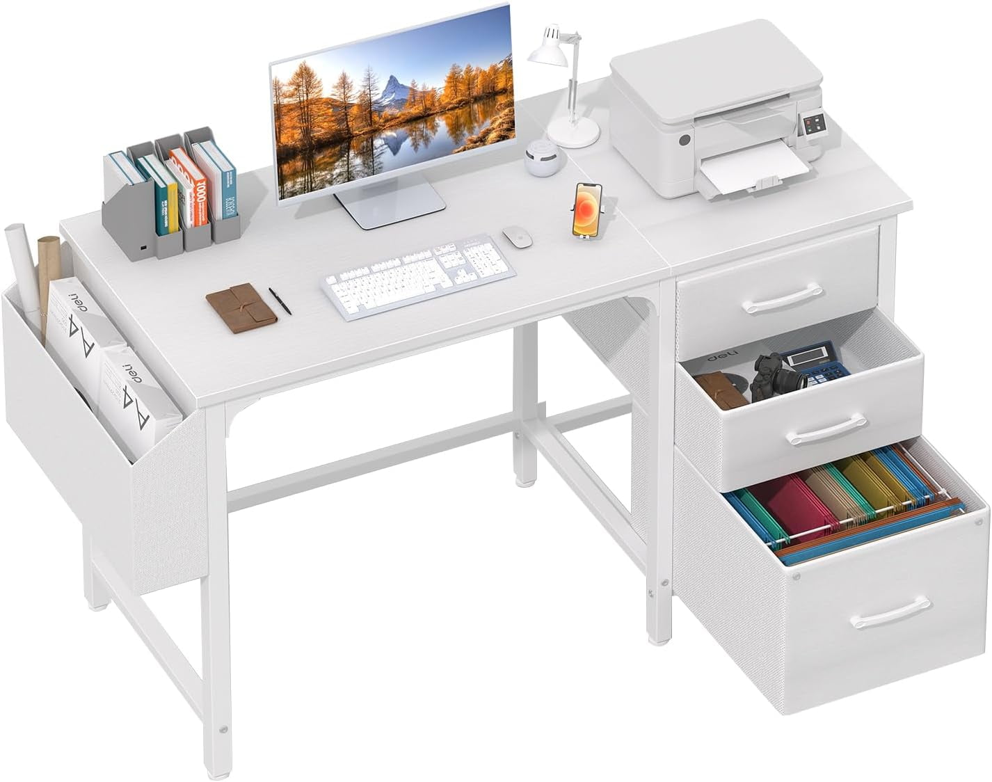 Lufeiya White Computer Desk with Fabric File Drawers Cabinet, 47 Inch ...