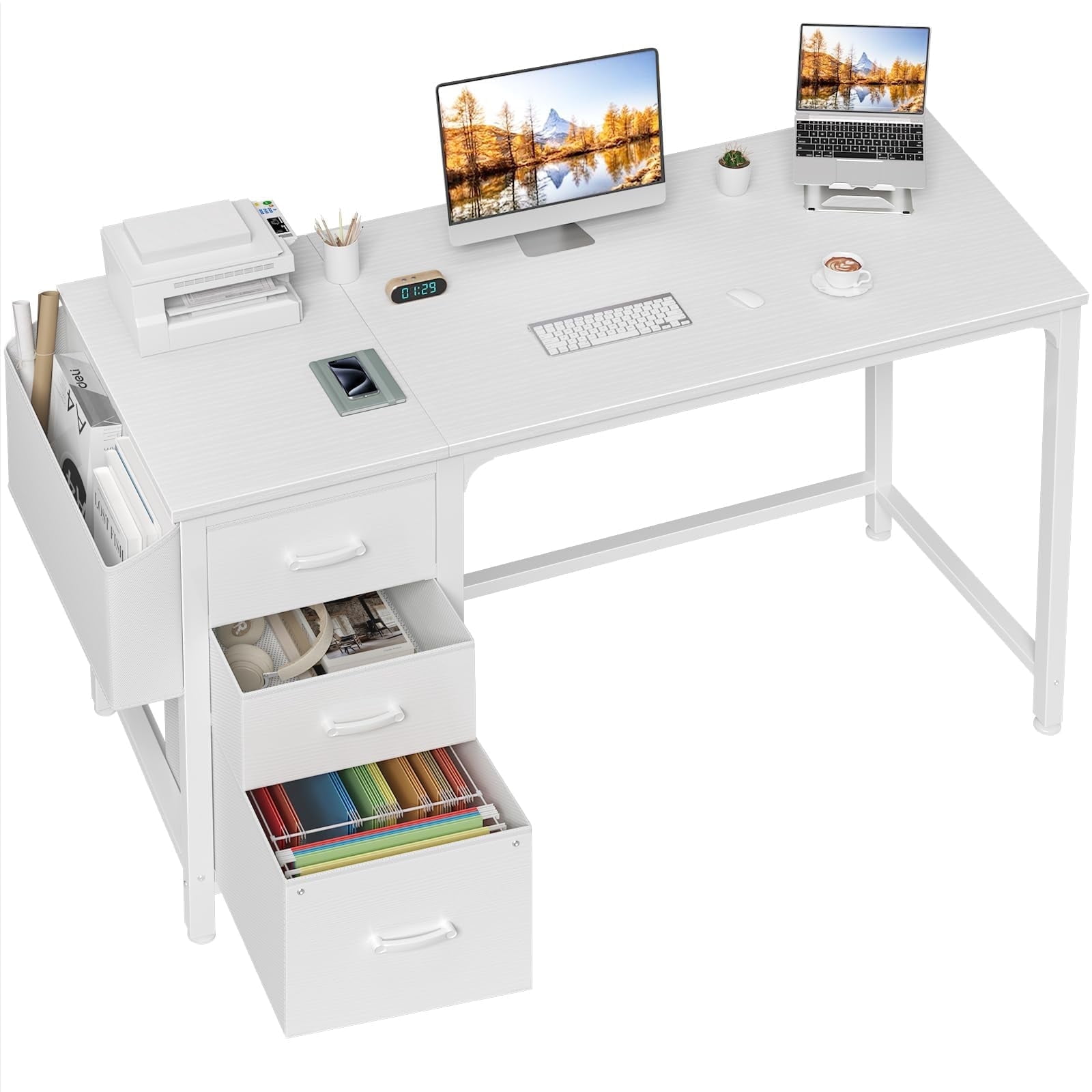 Lufeiya White Computer Desk with Fabric File Drawers Cabinet, 55 Inch ...
