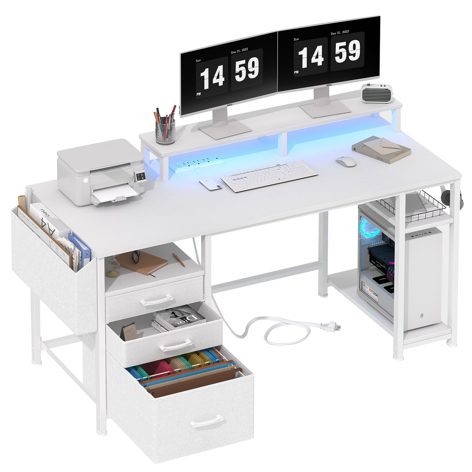 Lufeiya White Computer Desk with File Drawers Cabinet, 55 Inch Home ...