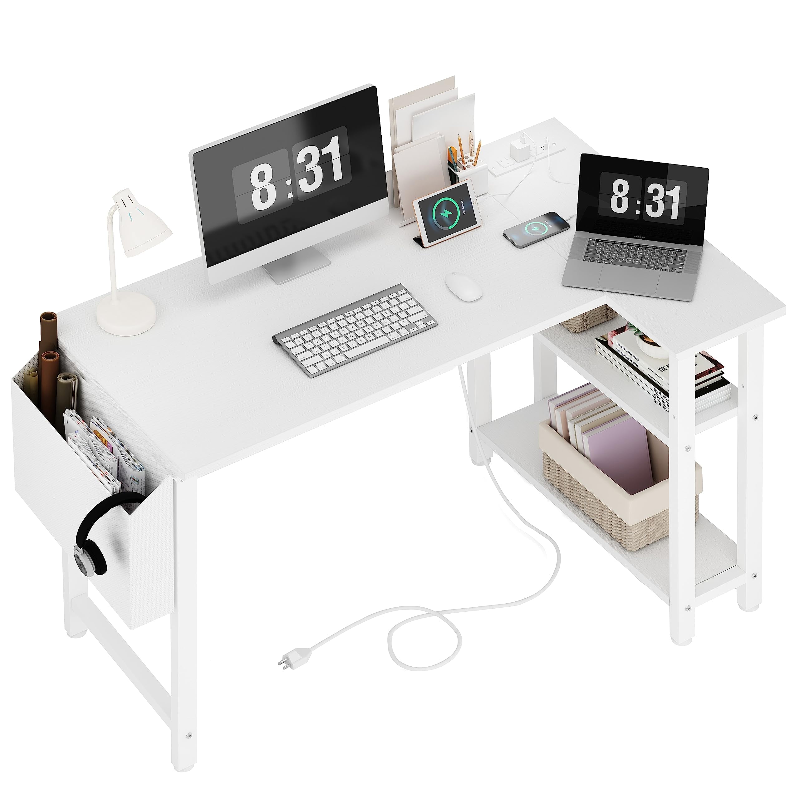 Lufeiya White L Shaped Computer Desk with Power Outlet Shelves, 40 Inch ...