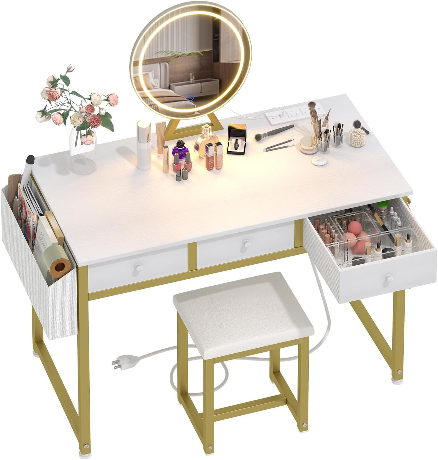 Lufeiya White Makeup Vanity Desk with Mirror and Lights, 40 inch Make ...