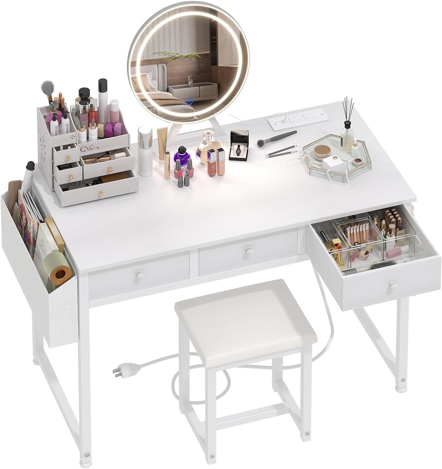 Lufeiya White Makeup Vanity Desk with Mirror and Lights, 40 inch ...