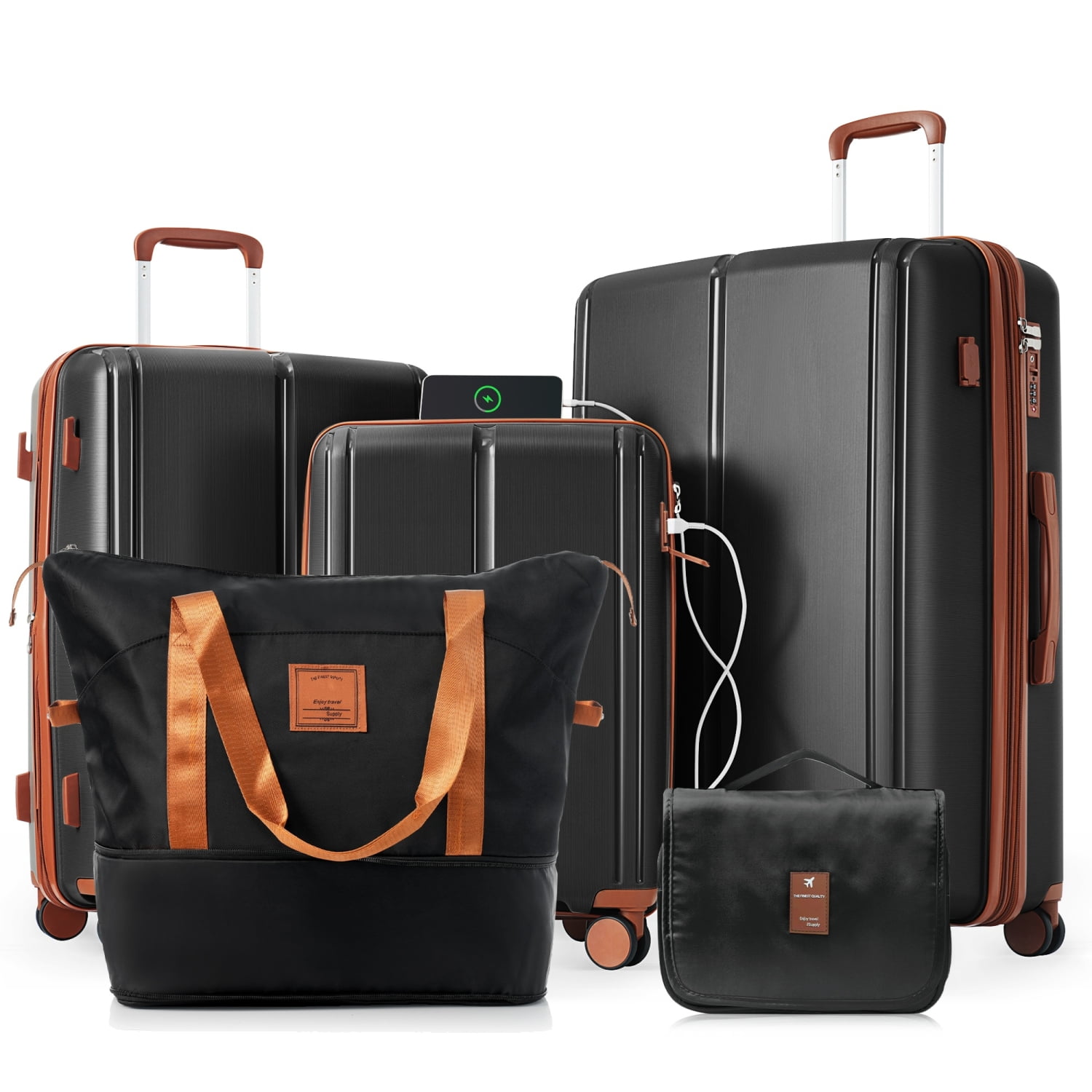 Luggage 5 Piece Set Suitcase with USB Port, Expandable Lightweight PP ...