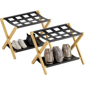 Smuxee Folding Bamboo Luggage Rack with Wooden Shelf, Hotel Style ...