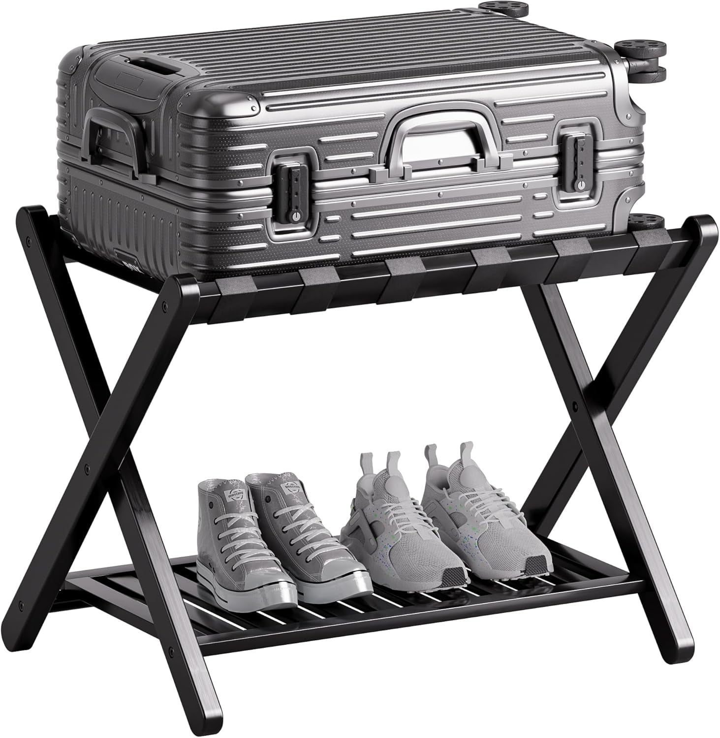 Luggage Rack, Bamboo Suitcase Stand with Storage Shelf for Guest Room ...