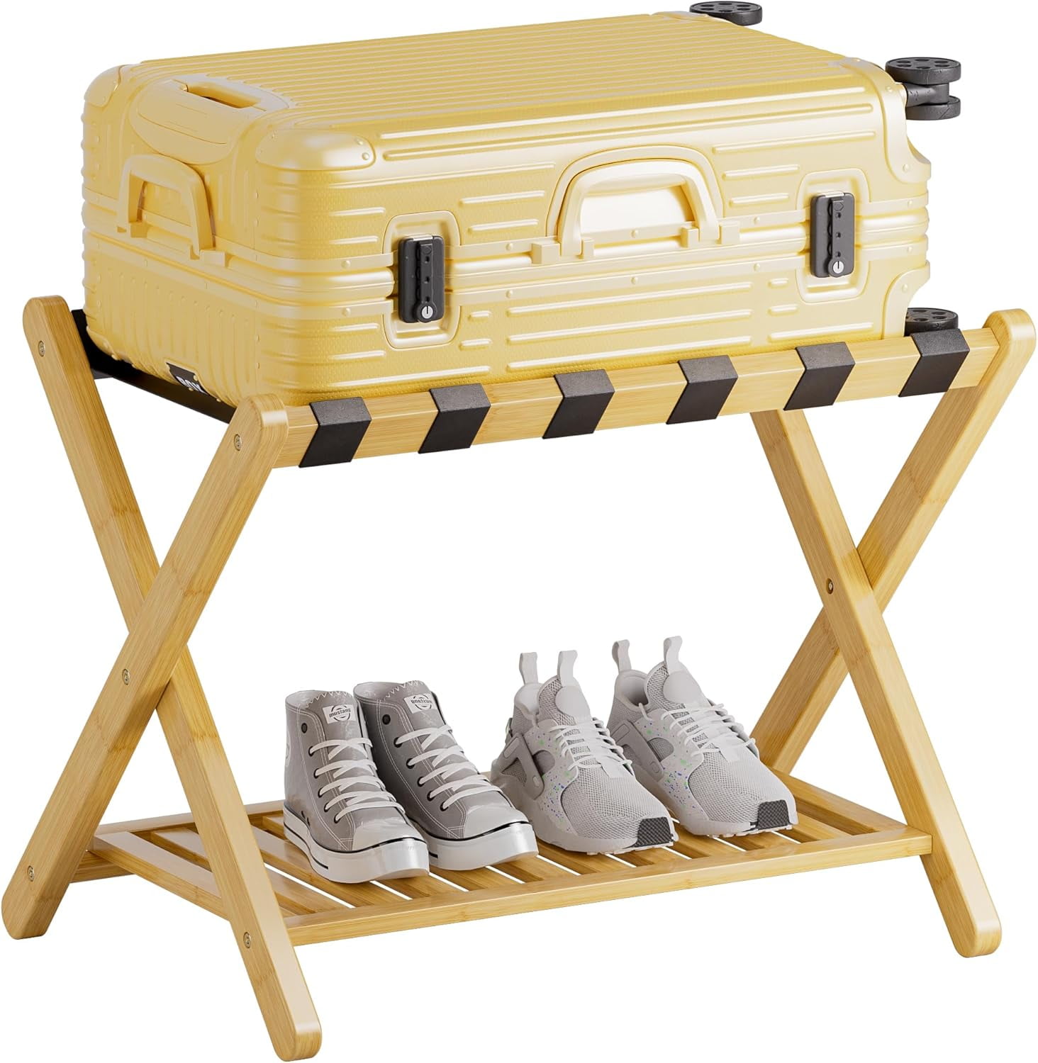 Luggage Rack, Foldable Bamboo Suitcase Stand with Storage Shelf for ...