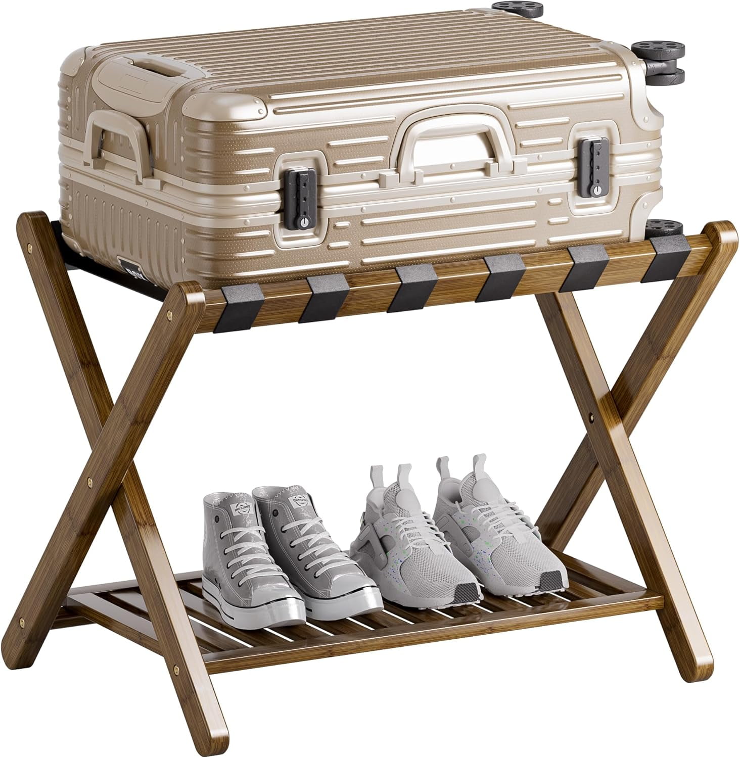 Luggage Rack, Foldable Bamboo Suitcase Stand with Storage Shelf for ...
