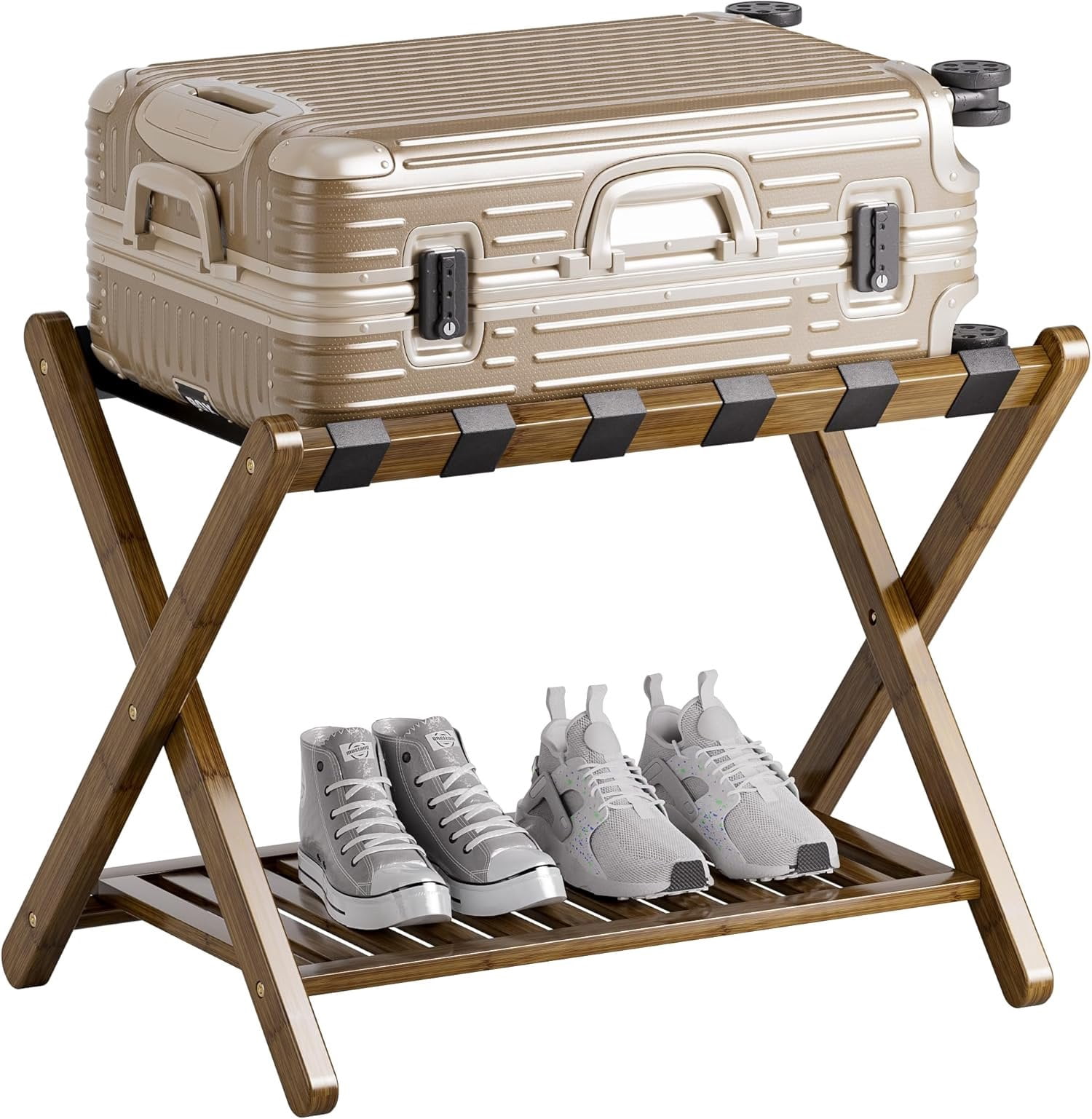 Luggage Rack, Foldable Suitcase Stand with Storage Shelf for Guest Room ...